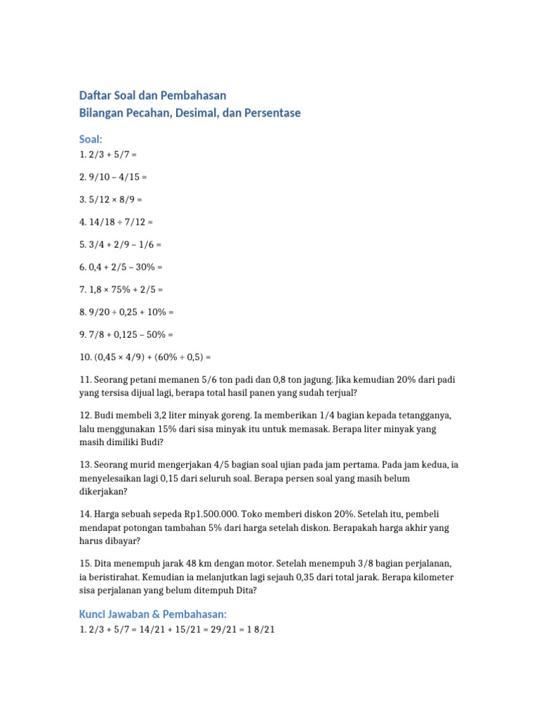 Soal Pecahan Desimal Persen | PDF