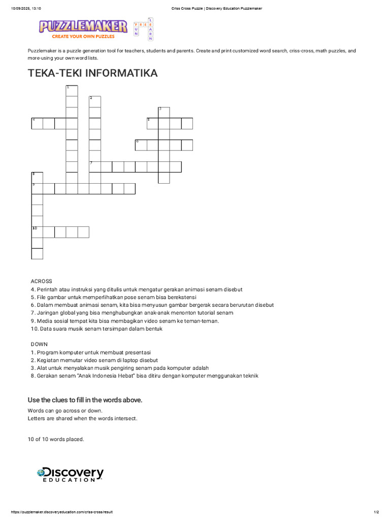 Criss Cross Puzzle - Discovery Education Puzzlemaker | PDF