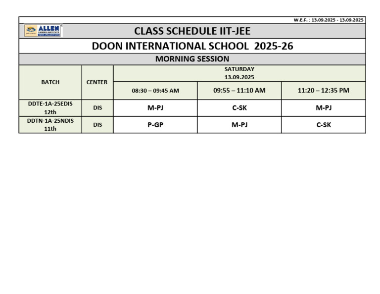 Dis Class Schedule Iit-Jee 13-09-2025 | PDF