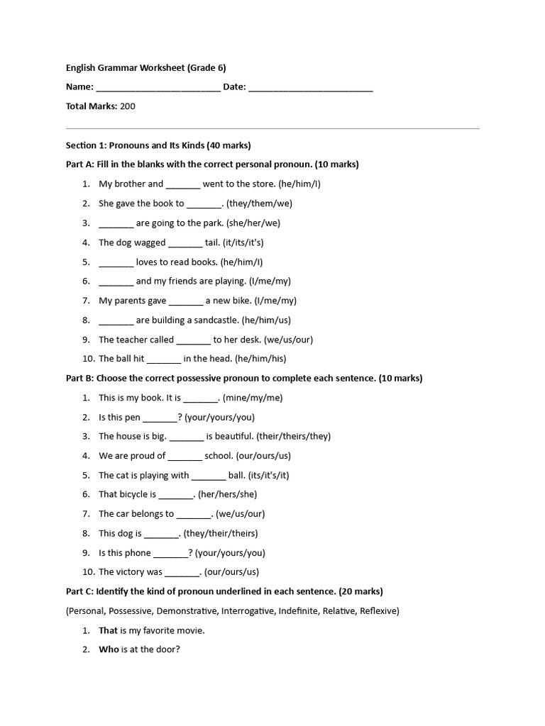 English Grammar Worksheet 6th | PDF | Verb | Semantics