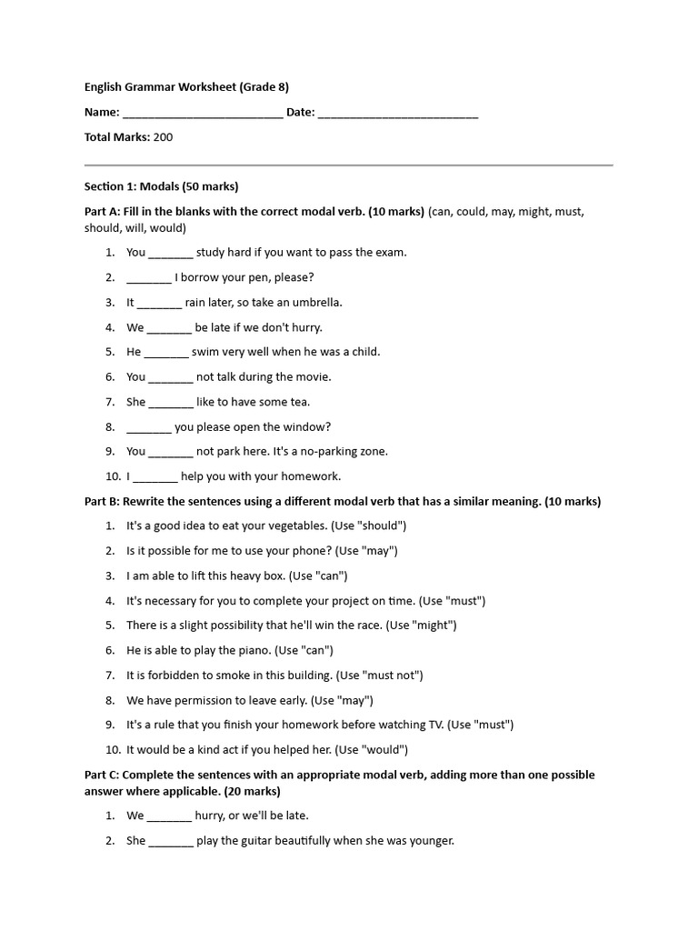 Grade 8 English Grammar Worksheet | PDF | Verb | Linguistics