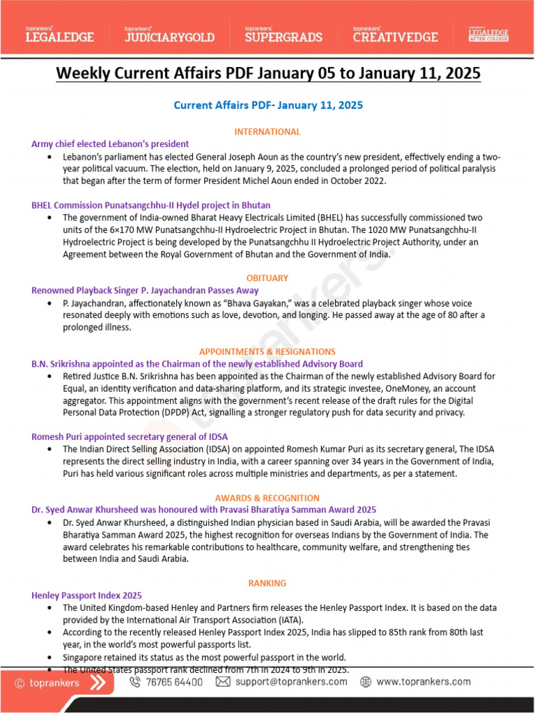 Weekly Current Affairs Magazine PDF of 5th To 11th Jan 2025 ...