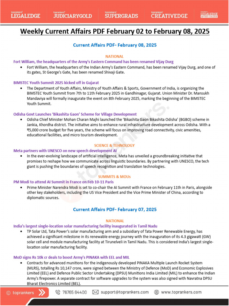 Weekly Current Affairs Magazine PDF of 2nd Feb To 8th Feb 2025 ...