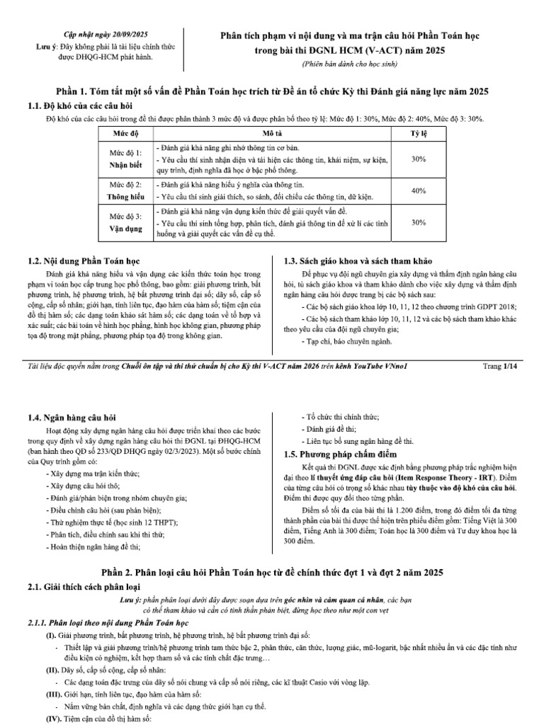 VNno1 Phân Tích Phạm Vi Và Ma Trận Toán Học v-ACT 2025 | PDF