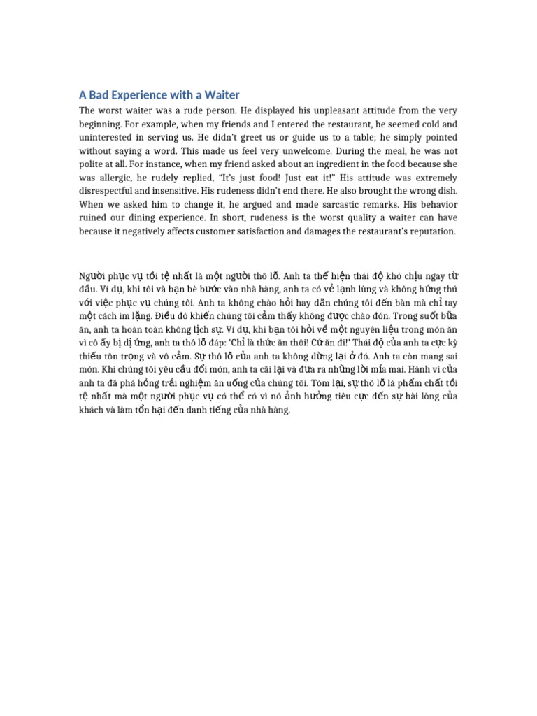 Bad Waiter Experience | PDF