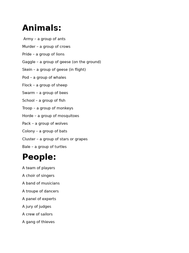 Unique Collective Nouns for Animals, People, and Objects | PDF