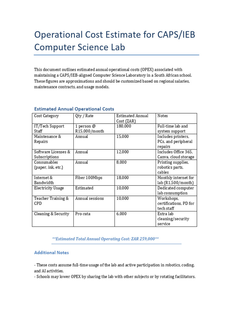 CS Lab Operating Cost Estimate With Staff CAPS IEB | PDF | Teachers ...