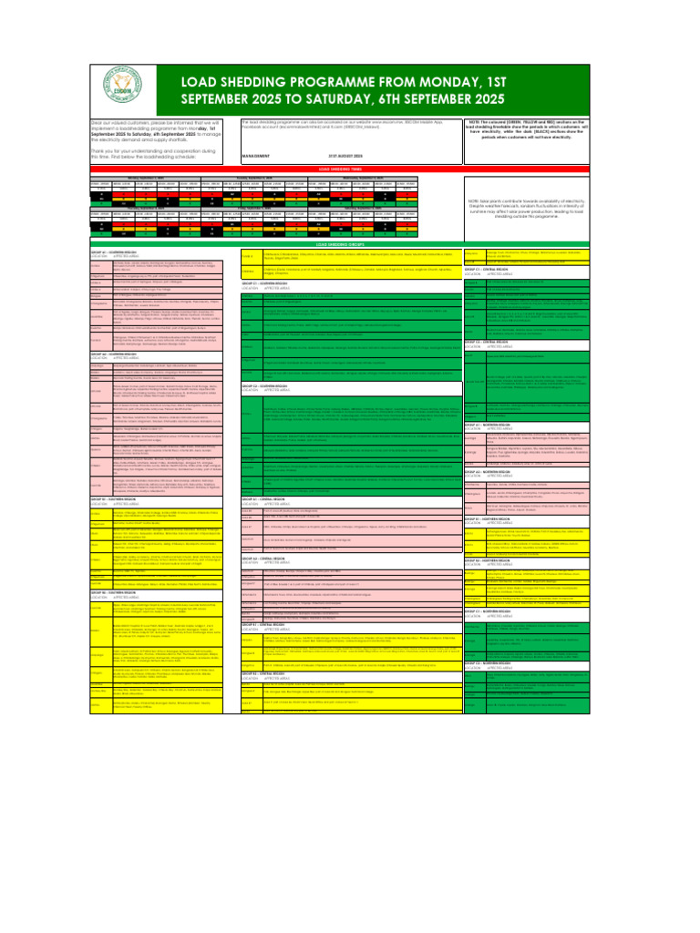 Malawi Load Shedding Schedule: Sept 1-6 | PDF | Electric Power ...