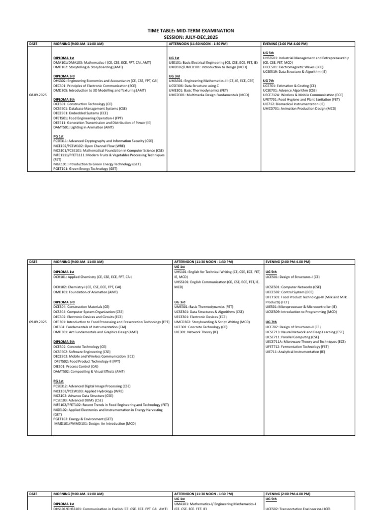Time Table Mid Term July Dec 2025 250830 235108 | PDF | Electronic ...