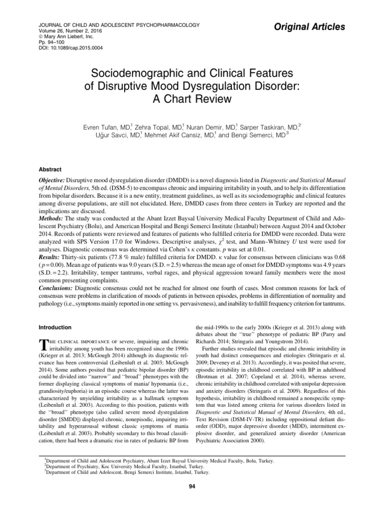 Sociodemographic and Clinical Features of Disruptive Mood Dysregulation ...
