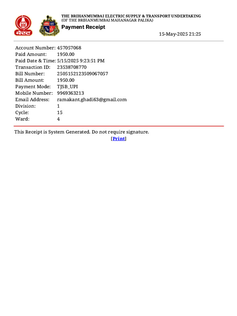 Brihanmumbai Electric Payment Receipt | PDF