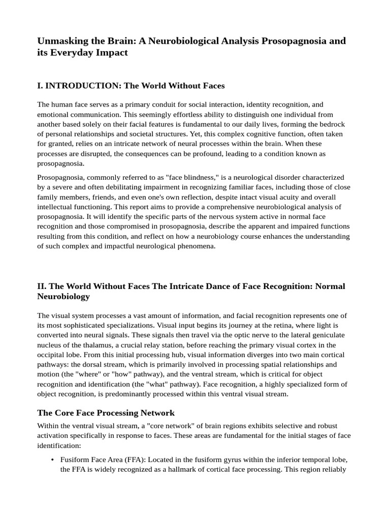 Unmasking the Brain a Neurobiological Analysis Prosopagnosia and Its ...