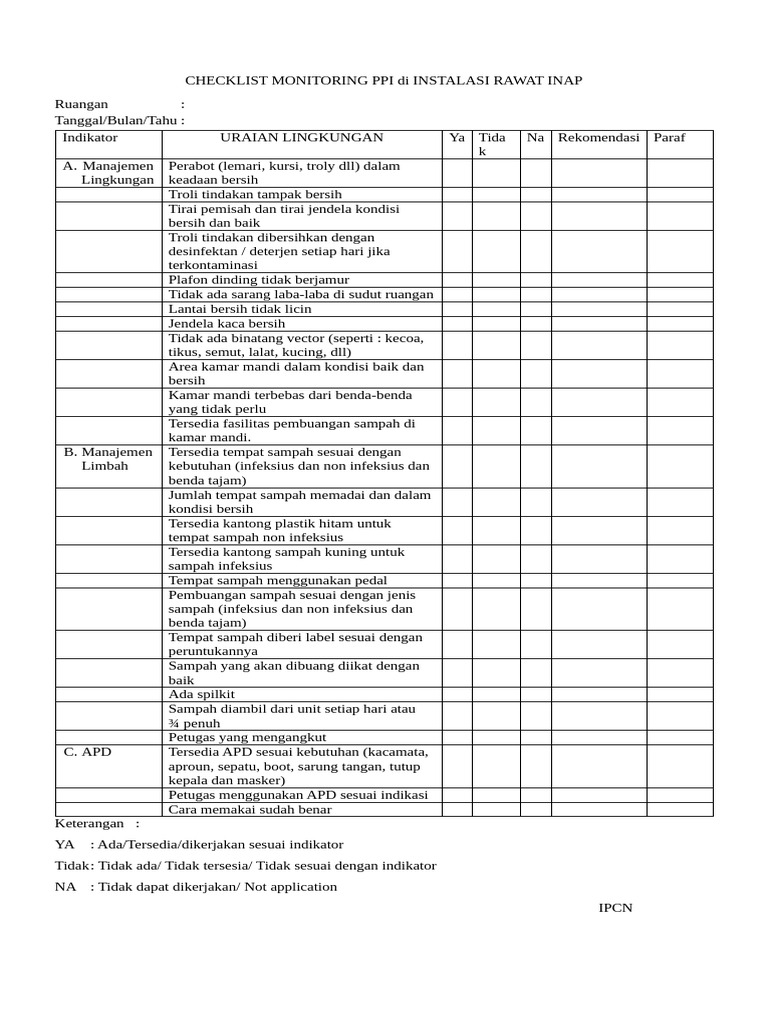 Checklist Monitoring Ppi Di Instalasi Rawat Inap | PDF