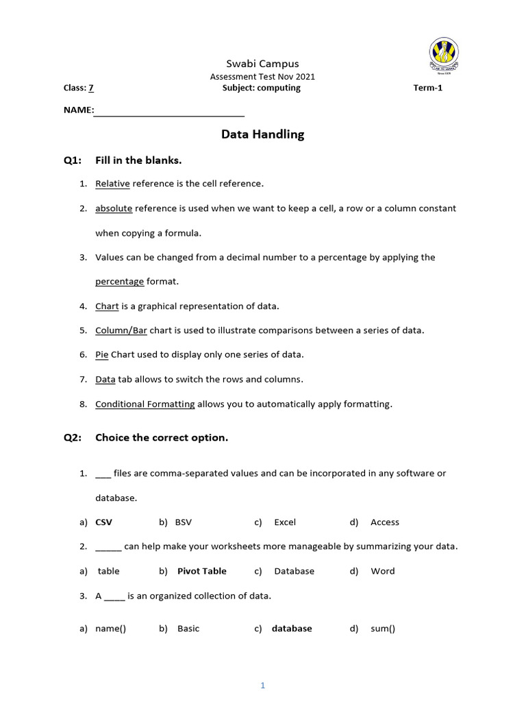 Class 7 Data Handling-Filled | PDF | Comma Separated Values | Computing