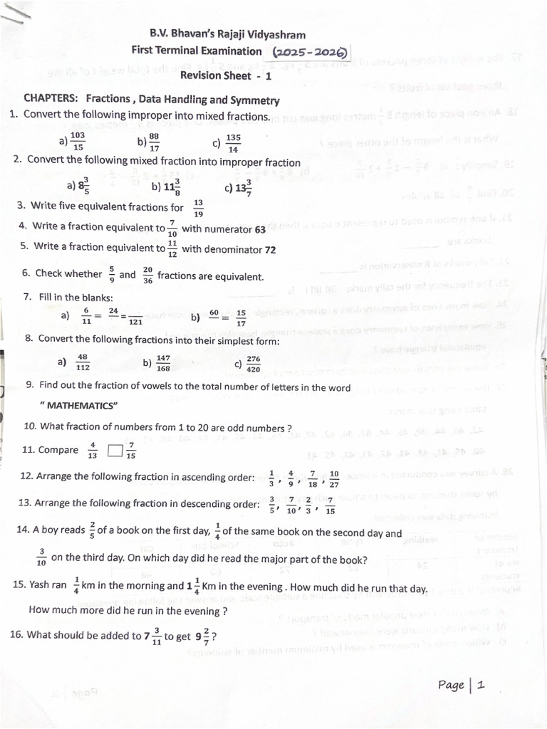 Class 6 - Term 1 - Maths Revision 1 & 2 (25-26) - 1 | PDF