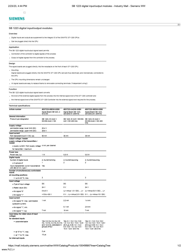 SB 1223 Digital I/O Modules Overview | PDF | Central Processing Unit ...