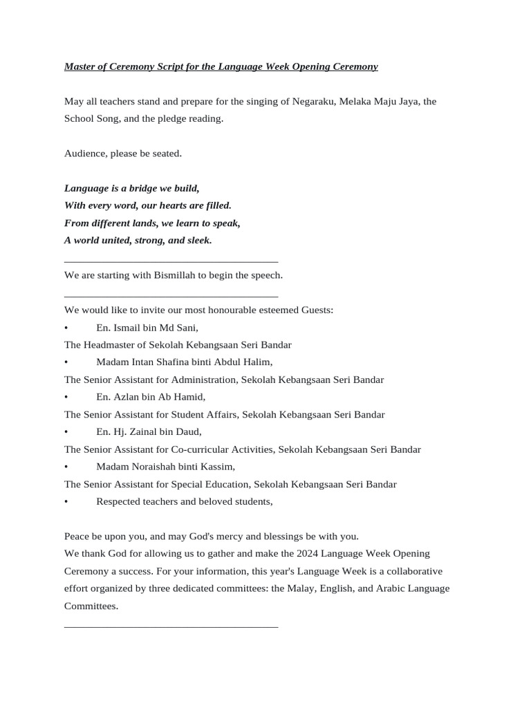 Language Week Opening Ceremony Script | PDF