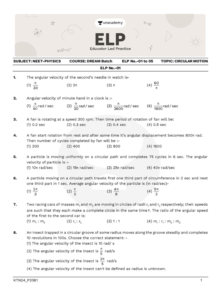 1 NEET PHYSICS ELP 01 To 05 Circular Motion Student Copy KTN01 P2092 | PDF