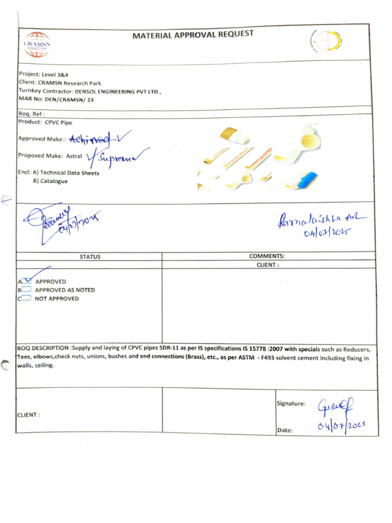 CPVC Pipe Material Approval Request | PDF