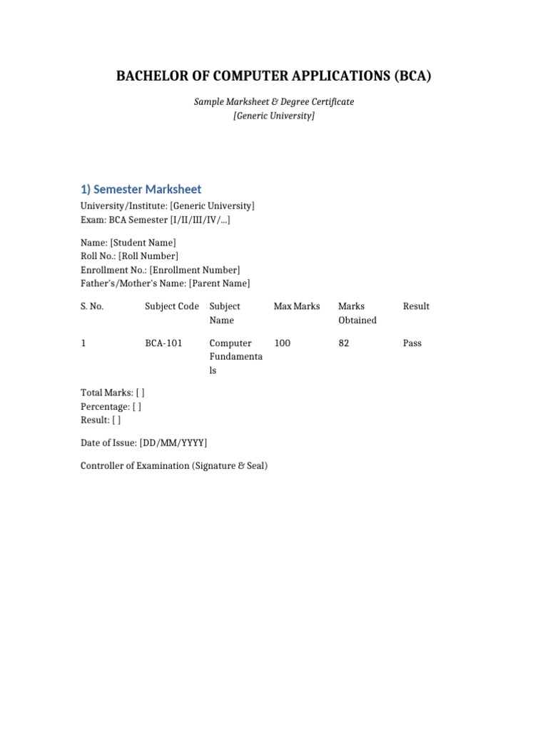 BCA Marksheet Certificate Sample | PDF