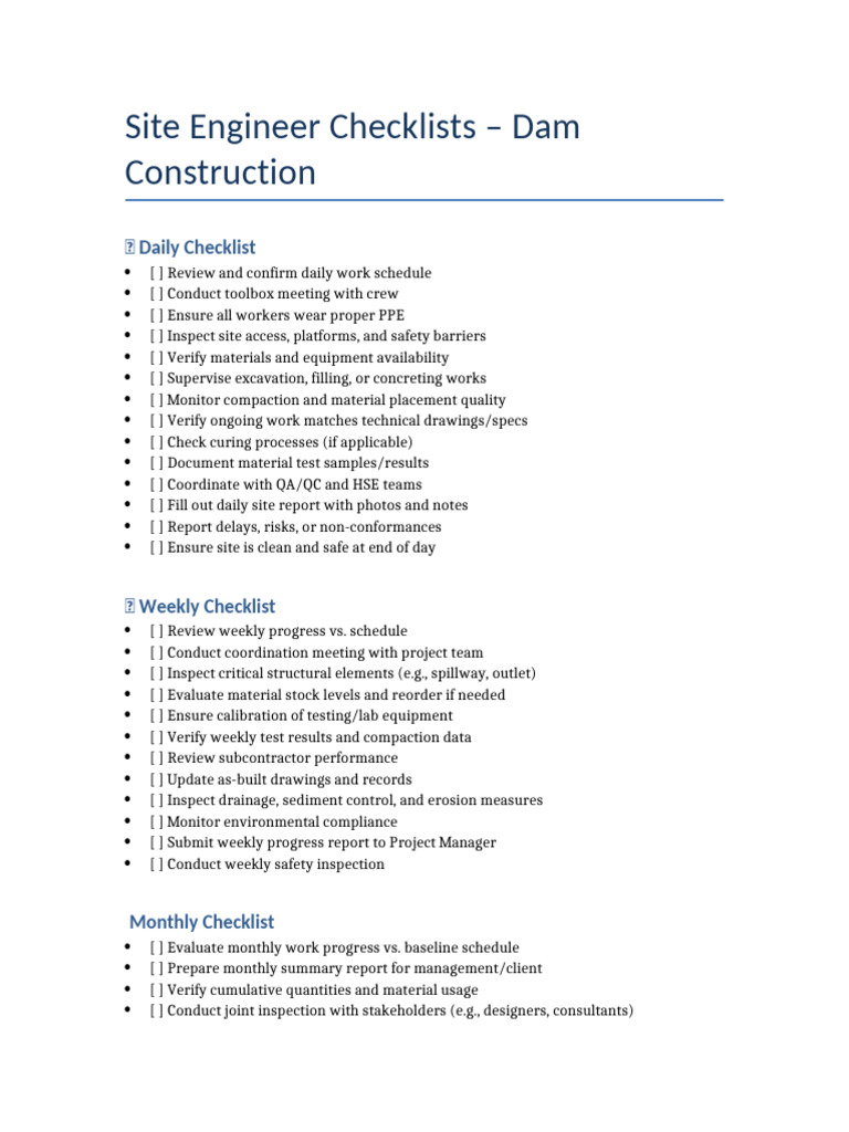 Dam Construction Site Engineer Checklists | PDF