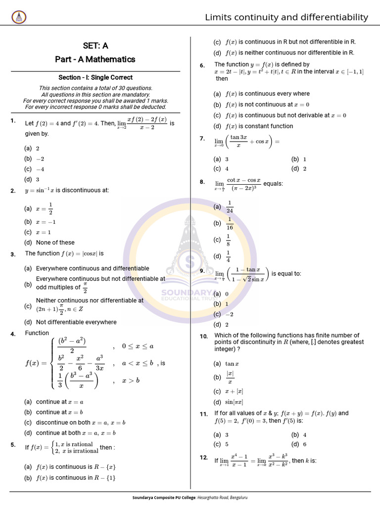 Limits Continuity and Differentiability A TestPaper 1756718562 | PDF ...