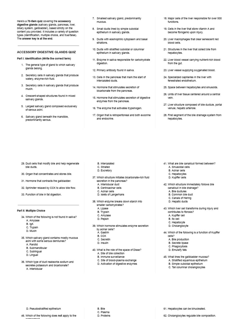 Accessory Digestive Glands Quiz: 70 Questions | PDF | Kidney | Epithelium