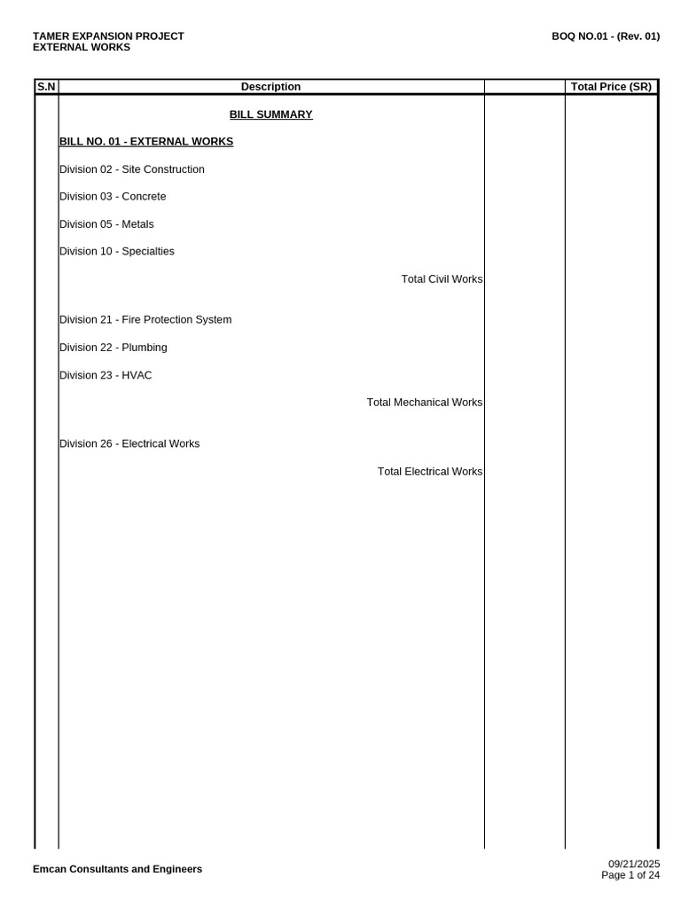 BOQ NO.01 External Works Civil R1 | PDF | Concrete | Door