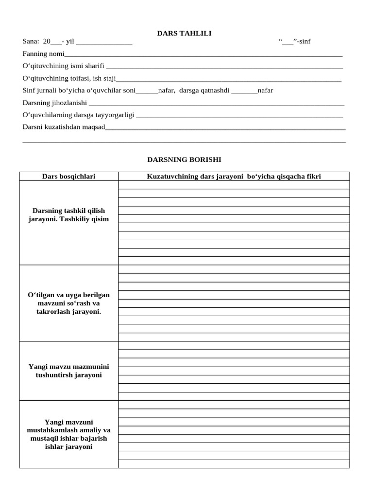 Dars Tahlili Varog'i. O'qituvchiga Hujjat | PDF
