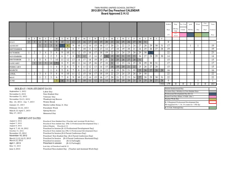 Preschool Calendar 2012-2013 | PDF