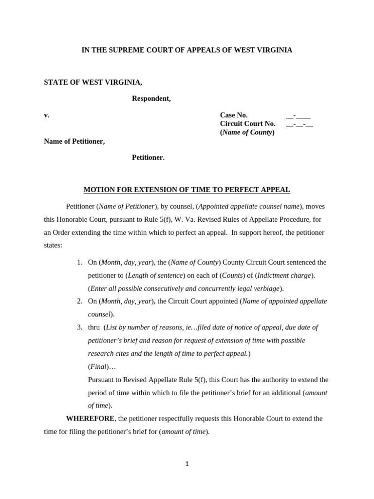 Motion for Appeal Time Extension WV | PDF | Appeal | Virginia Circuit Court