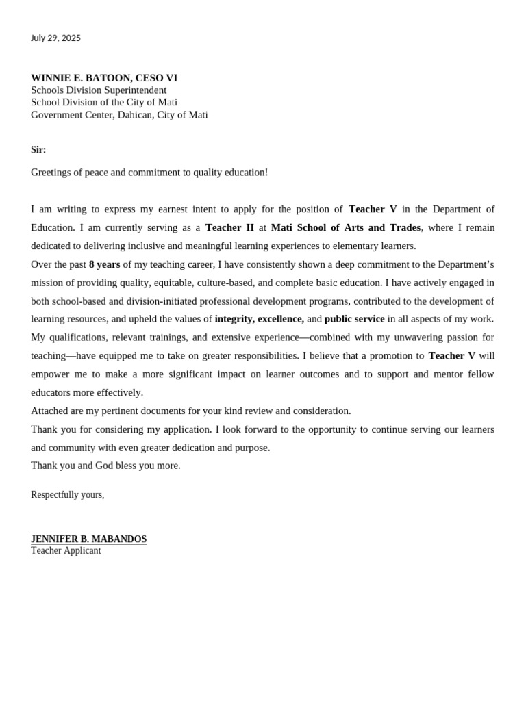 Application for Teacher V Position | PDF