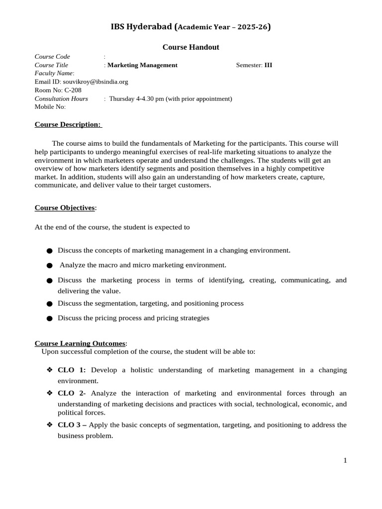 FINAL MM Course Handout 2025 DR Souvik Roy | PDF | Marketing | Market Segmentation