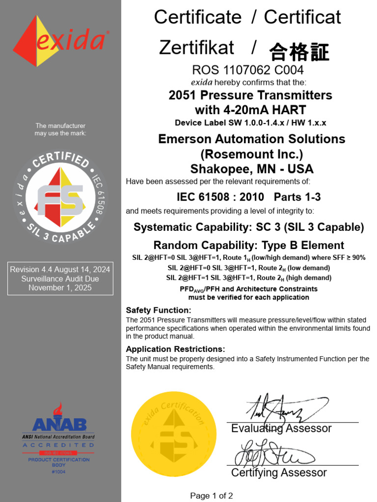Emerson 2051 Pressure Transmitters SIL Certificate | PDF | Systems ...