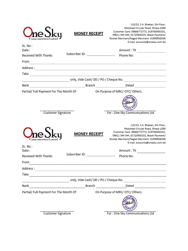 One Sky Communications Money Receipt | PDF