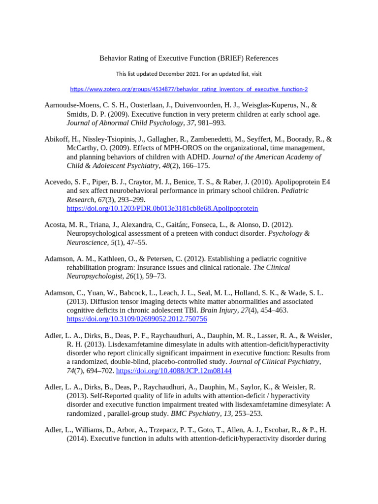 Behavior Rating of Executive Function References | PDF | Attention ...