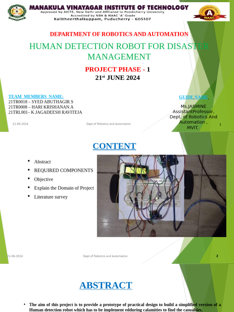 Human Detection Robot for Disaster Relief | PDF | Robotics | Automation
