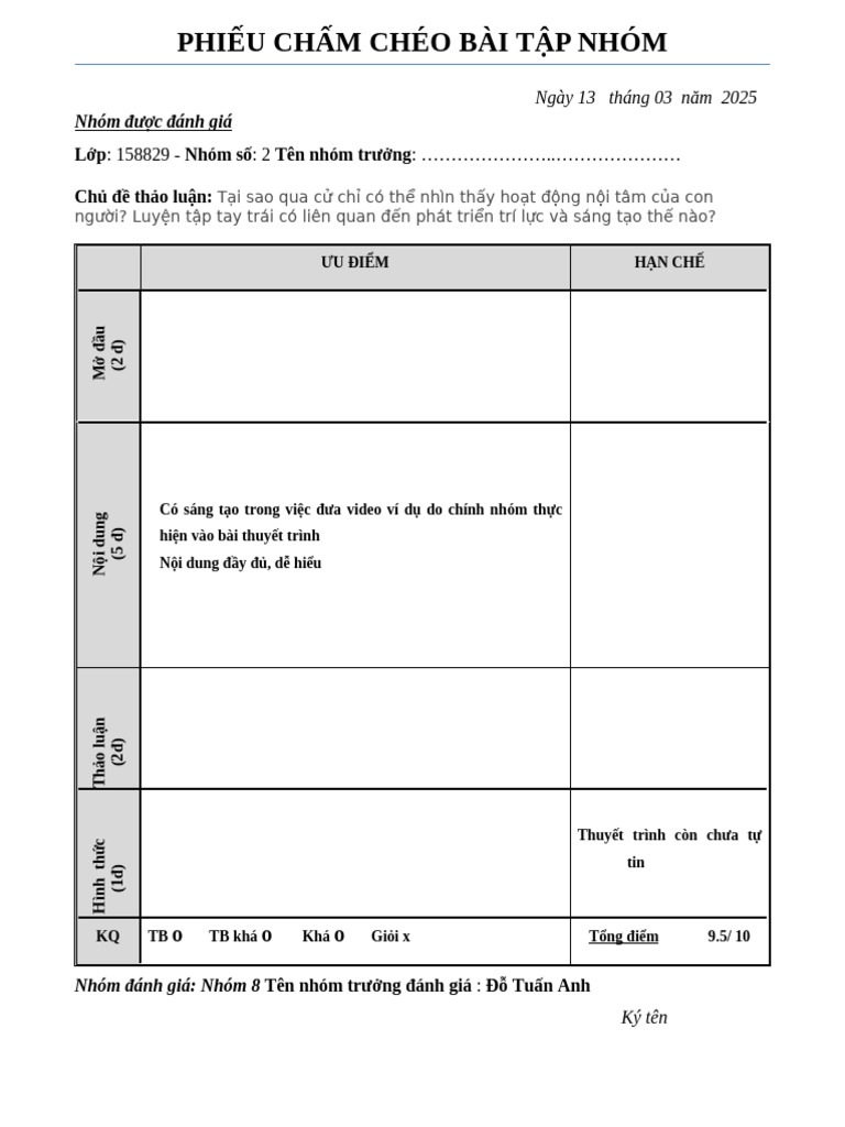 Phieu Cham Cheo Bai Tap Thuyet Trinh-2025 | PDF