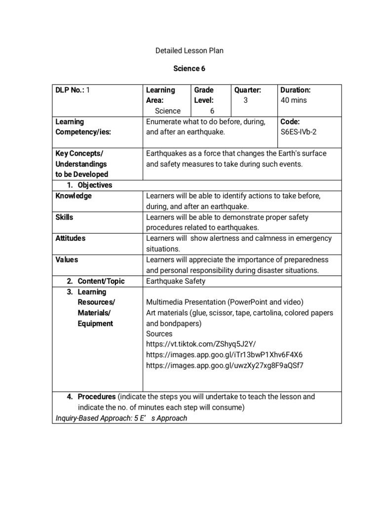 Earthquake Safety Lesson Plan for Grade 6 | PDF | Lord's Prayer | Learning
