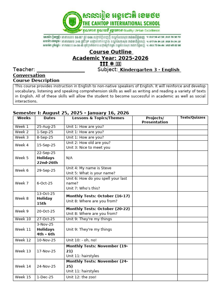 Kindergarten English Course Syllabus | PDF | English Language | Reading ...