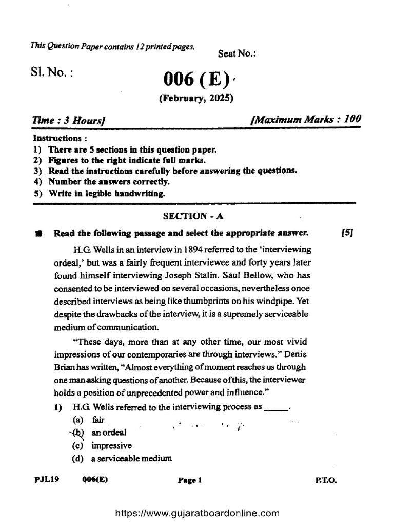Gseb Class 12 English First Language 006 e Feb 2025 | PDF