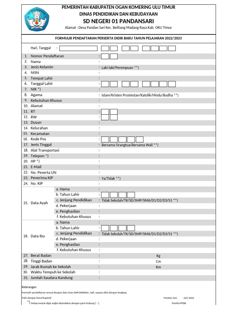 Formulir Pendaftaran Siswa Baru SD 2025 | PDF