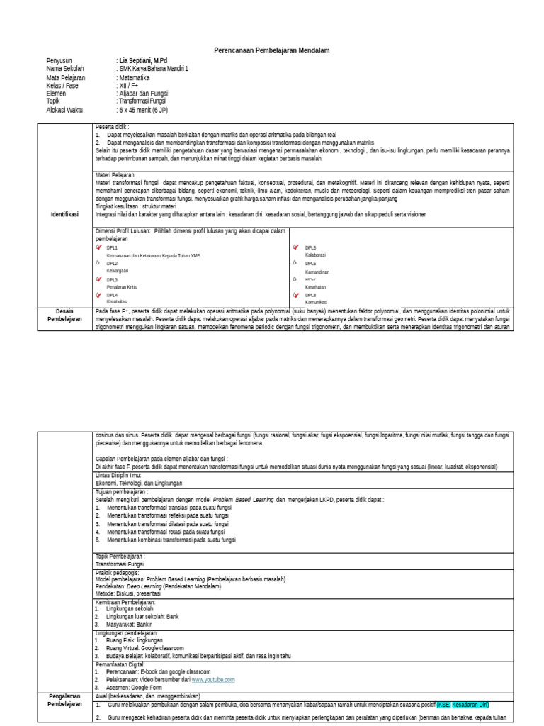 RPP MTK DEEP LEARNING XII - Transformasi Fungsi - Lia Septiani | PDF