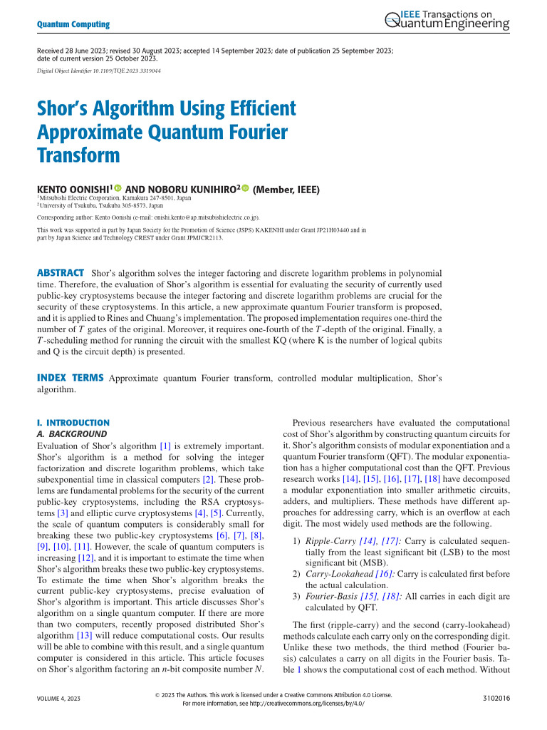 Shors Algorithm Using Efficient Approximate Quantum Fourier Transform | PDF | Quantum Computing ...