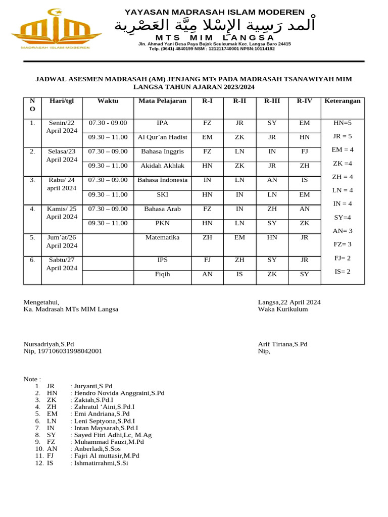 Jadwal Asesmen MTs MIM Langsa 2024 | PDF | Teori Catur | Bukaan catur