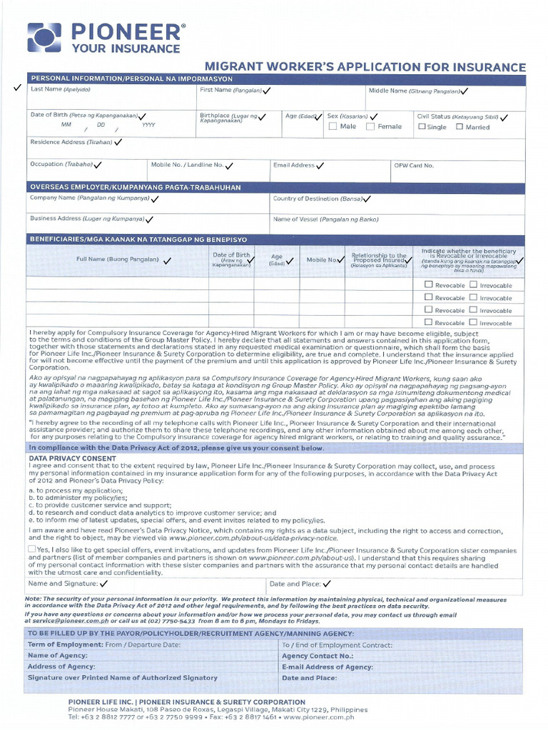 Pioneer Insurance Application Form | PDF