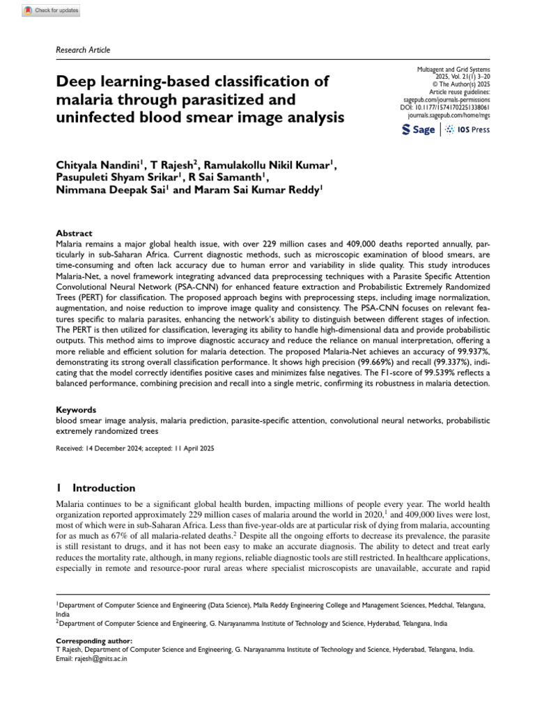 Nandini Et Al 2025 Deep Learning Based Classification of Malaria Through Parasitized and ...