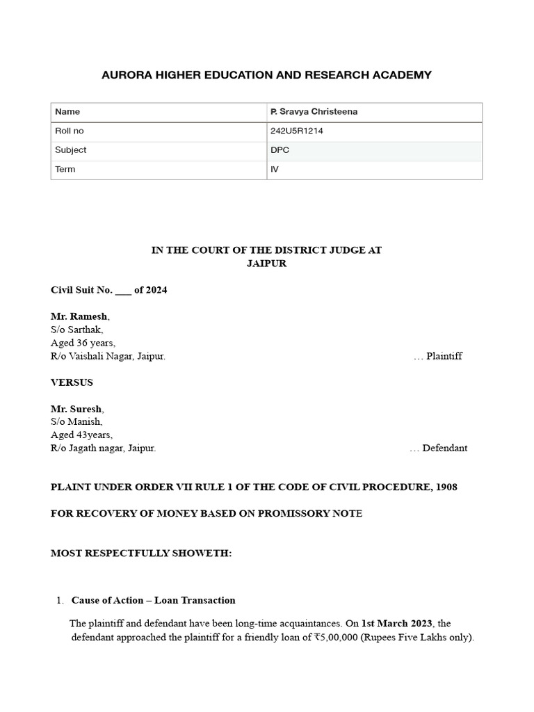 Recovery Suit on Promissory Note | PDF | Lawsuit | Promissory Note