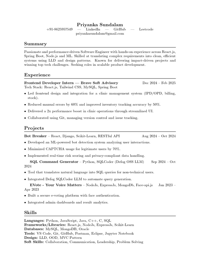 Priyanka Resume LaTeX 1 | PDF | My Sql | Computing