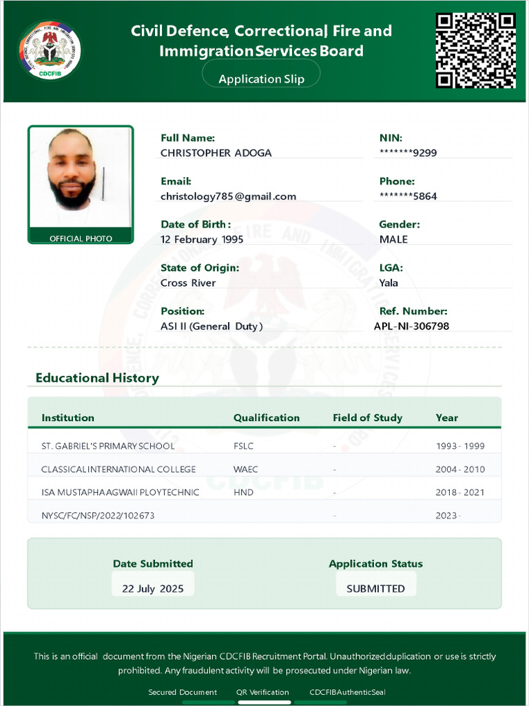 Christopher Adoga Adoga Application Slip | PDF